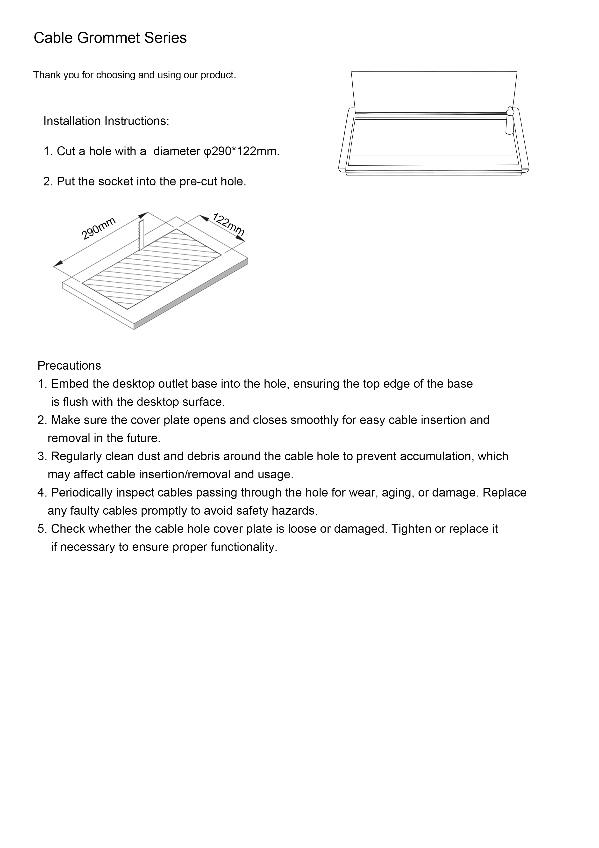 Rectangle Embedded Wire Cable outlet with anti-dust brush and soft-closing
